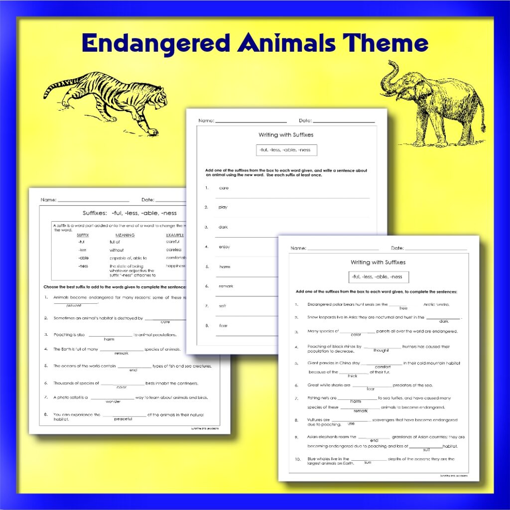 Suffixes: -ful -less -able -ness - Endangered Animals - 3 worksheets ...