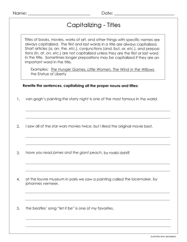 Capitalization of Titles - 3 Practice Worksheets - Grades 3-4-5 - Made ...