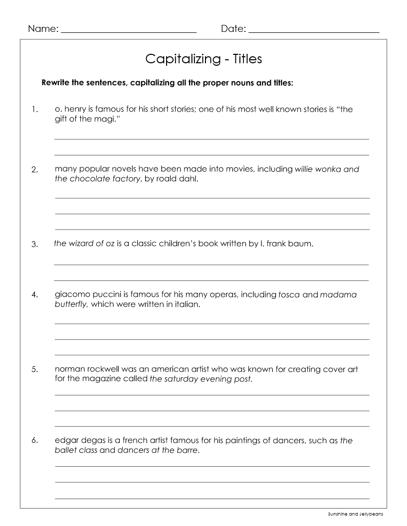 Capitalizing Titles 3 Practice Worksheets Grades 3 4 5 Made By