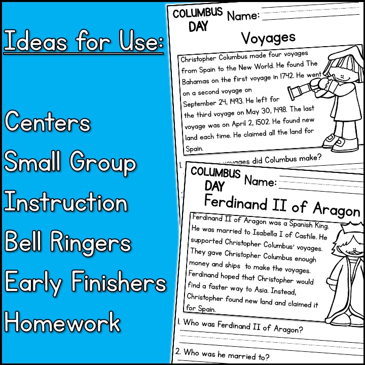 Columbus Day Holidays Reading Comprehension Passages K-2 | Made By Teachers