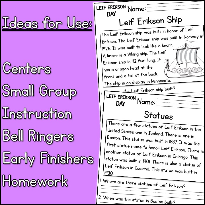Leif Erikson Day Holidays Reading Comprehension Passages K-2 | Made By ...