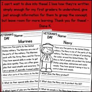 Veterans Day Holidays Reading Comprehension Passages K-2 | Made By Teachers