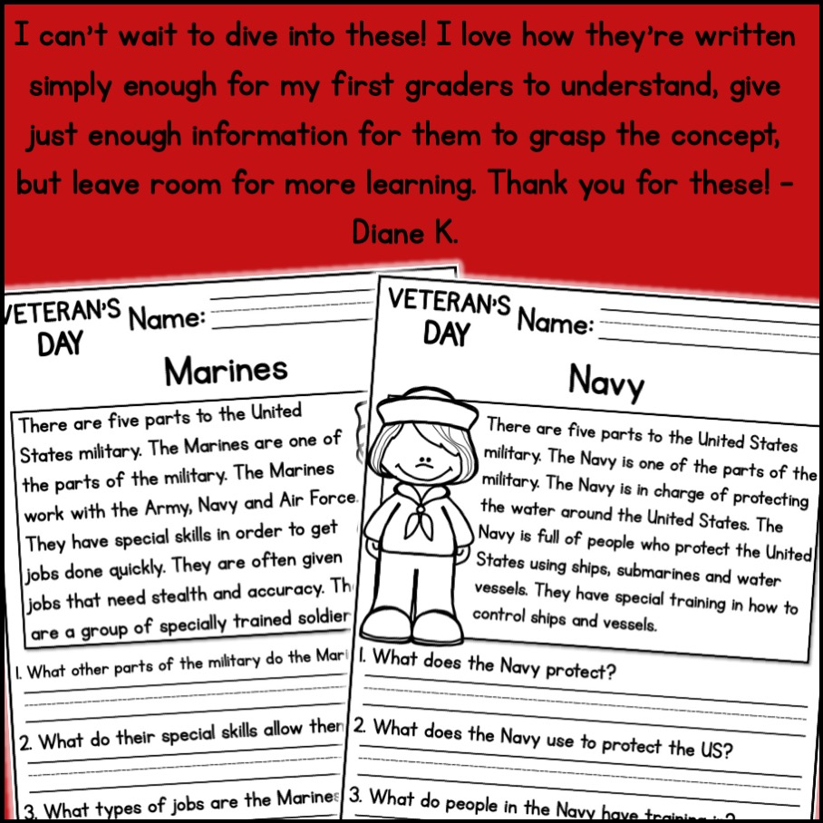 Veterans Day Holidays Reading Comprehension Passages K-2 | Made By Teachers