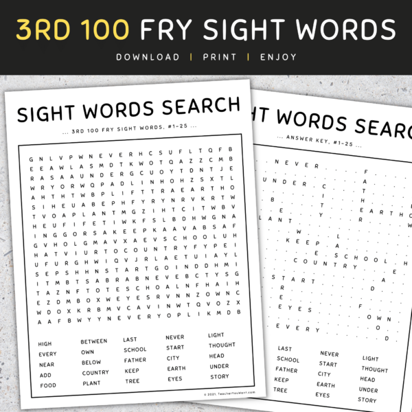 3rd 100 Fry Sight Words: Word Search, Sight Words Practice Game, [SET 6 ...