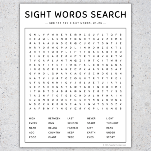 3rd 100 Fry Sight Words: Word Search, Sight Words Practice Game, [SET 6 ...