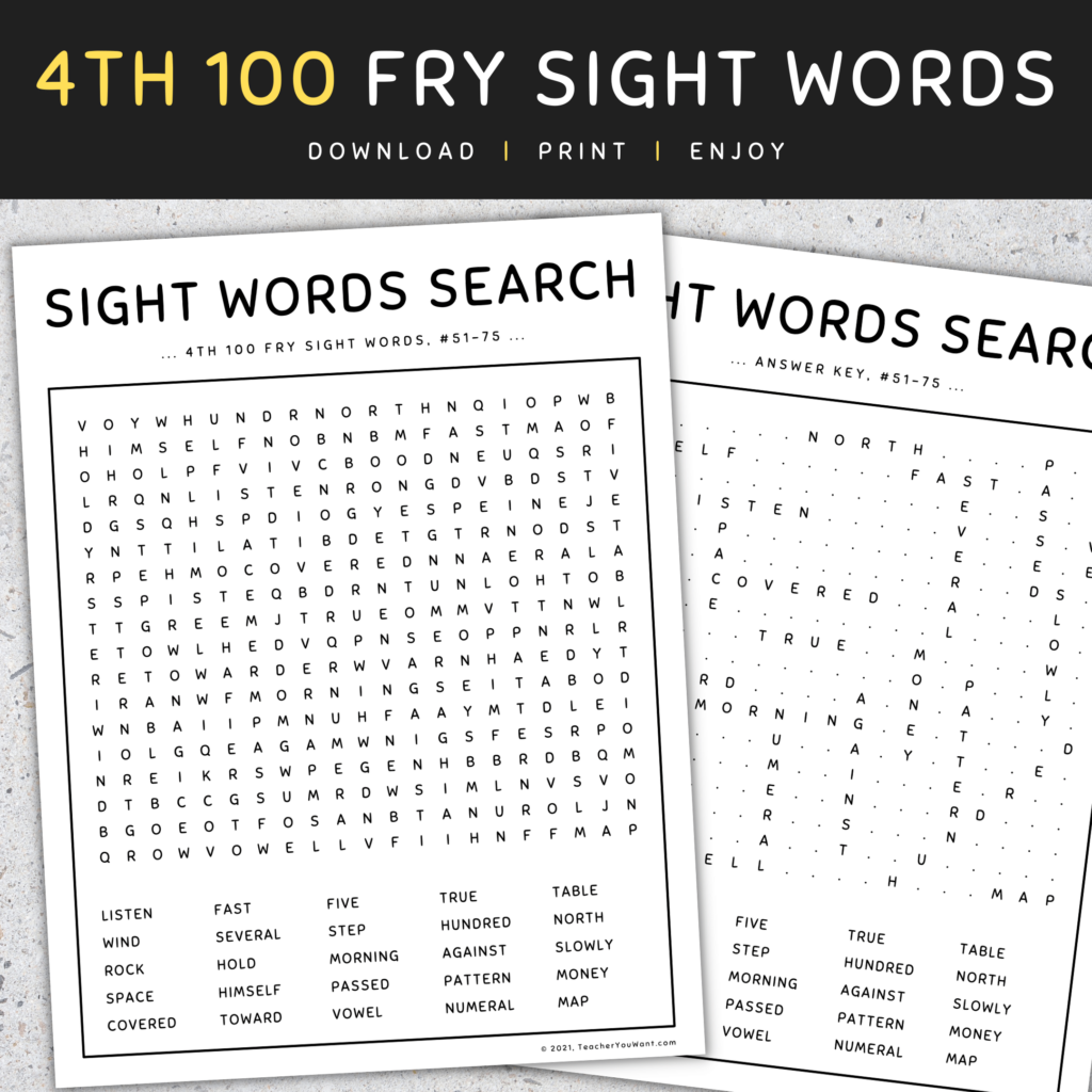 4th 100 Fry Sight Words: Word Search, Sight Words Practice Game, [SET 6 ...