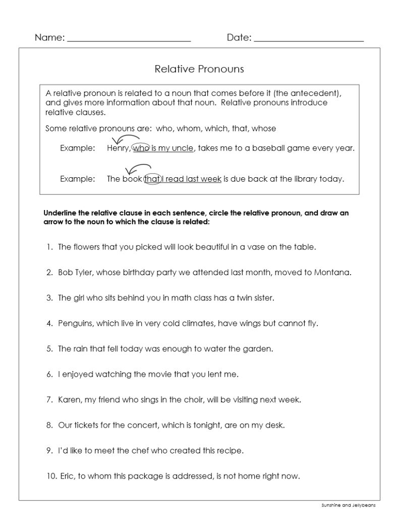 Relative Pronouns & Relative Clauses - 2 worksheets - Grades 4, 5 & 6 ...