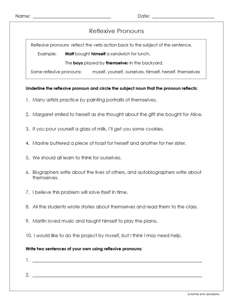 Reflexive & Emphatic Pronouns - 3 worksheets - Grades 5 & 6 | Made By ...