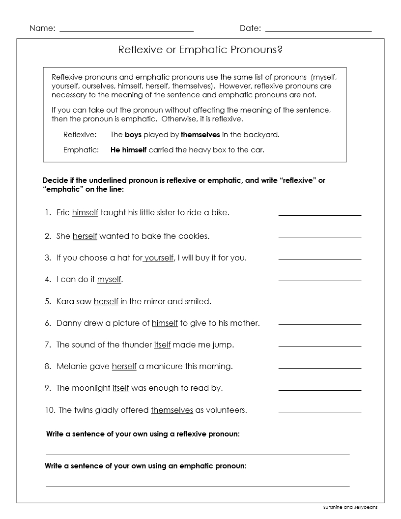 Reflexive & Emphatic Pronouns - 3 worksheets - Grades 5 & 6 | Made By ...