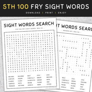 5th 100 Fry Sight Words: Word Search, Sight Words Practice Game, [SET 6 ...