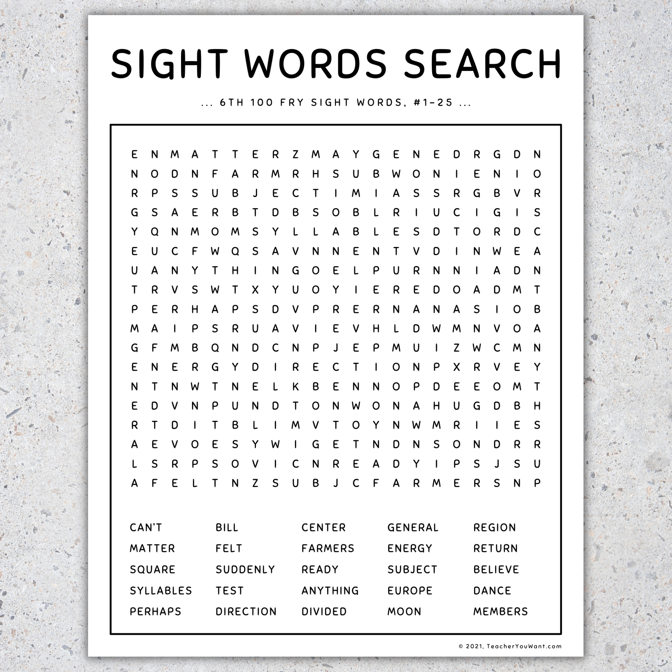 6th 100 Fry Sight Words: Word Search, Sight Words Practice Game, [SET 6 ...