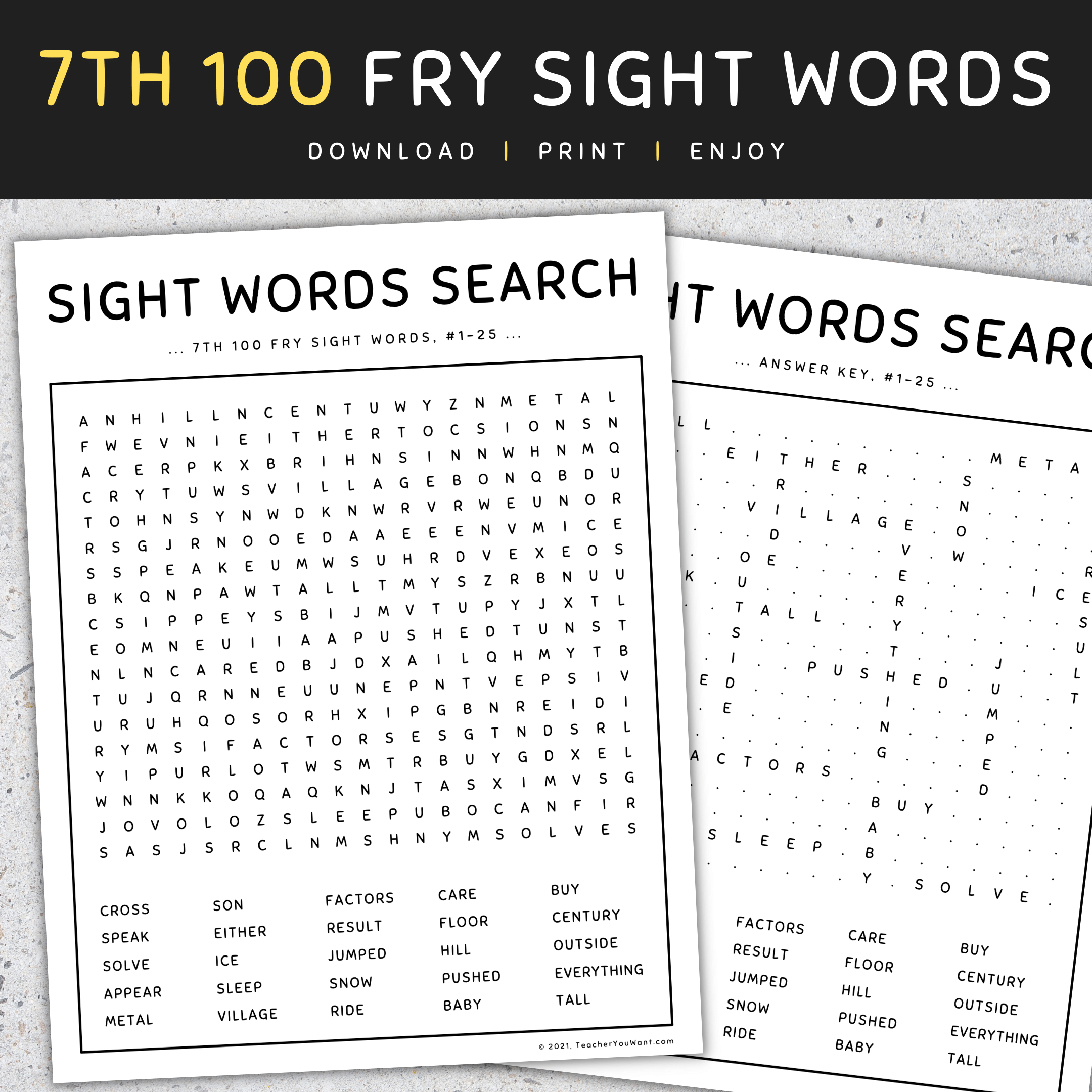 7th 100 Fry Sight Words: Word Search, Sight Words Practice Game, [SET 6 ...