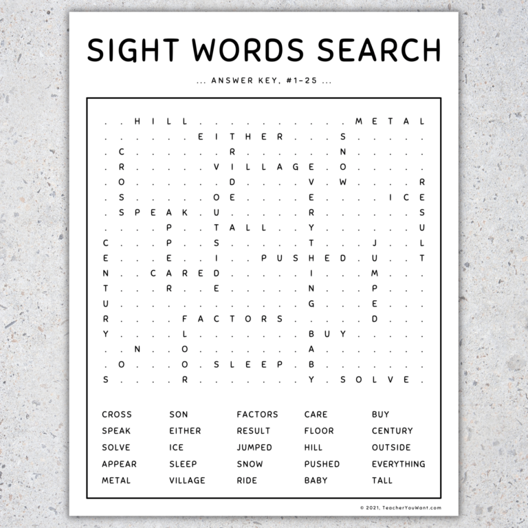 7th 100 Fry Sight Words: Word Search, Sight Words Practice Game, [SET 6 ...