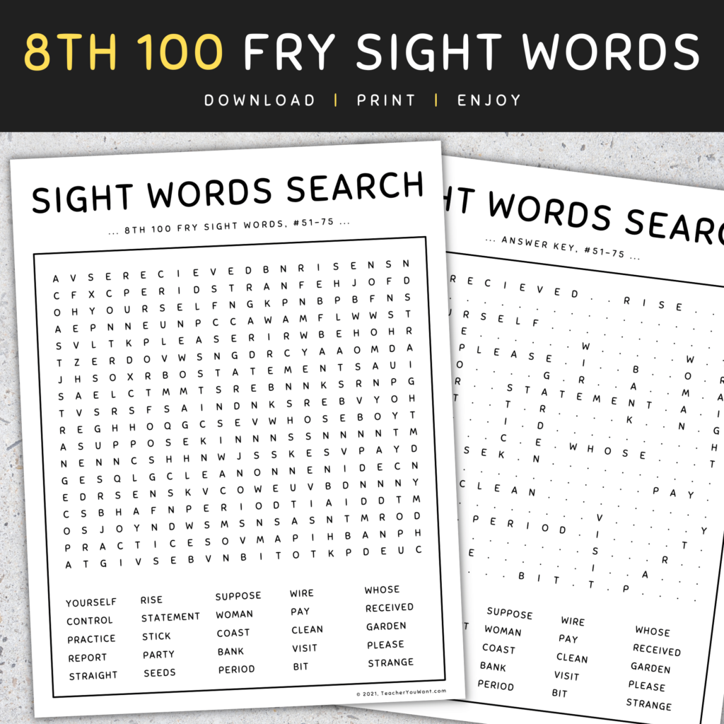8th 100 Fry Sight Words: Word Search, Sight Words Practice Game, [SET 6 ...