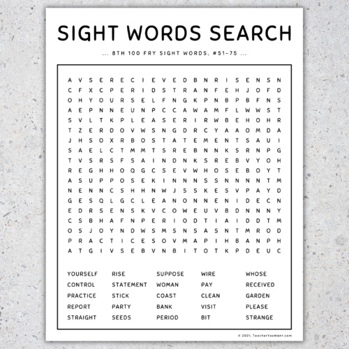 8th 100 Fry Sight Words: Word Search, Sight Words Practice Game, [SET 6 ...