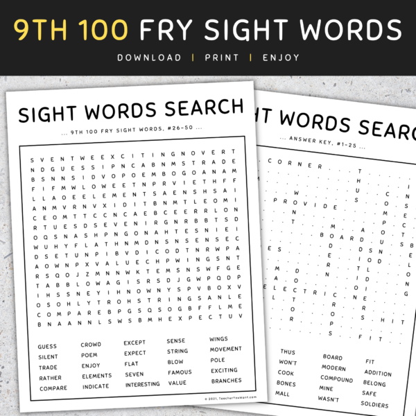 9th 100 Fry Sight Words: Word Search, Sight Words Practice Game, [SET 6 ...