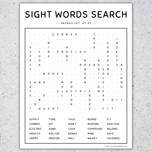 9th 100 Fry Sight Words: Word Search, Sight Words Practice Game, [SET 6 ...