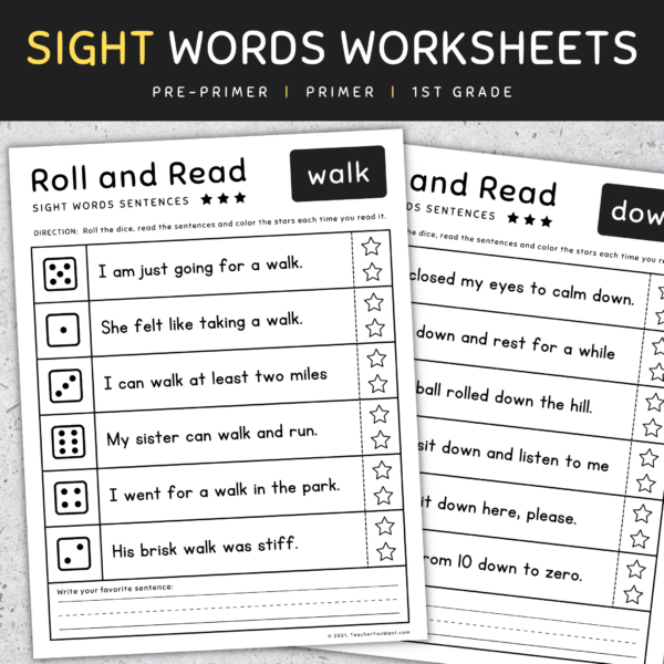Sight Words Bundle: Pre-primer to 1st Grade Roll & Read Worksheets ...