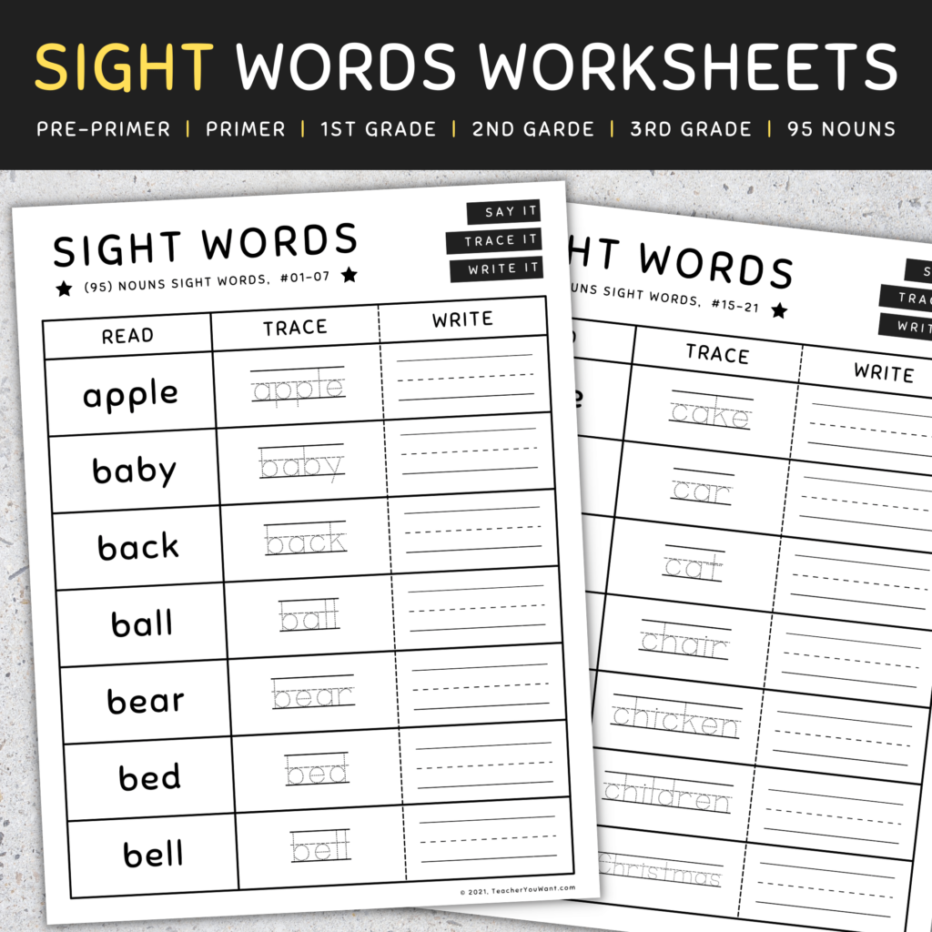 Noun Sight Words: 95 Nouns, Trace, Write, Color & Find It Worksheets ...