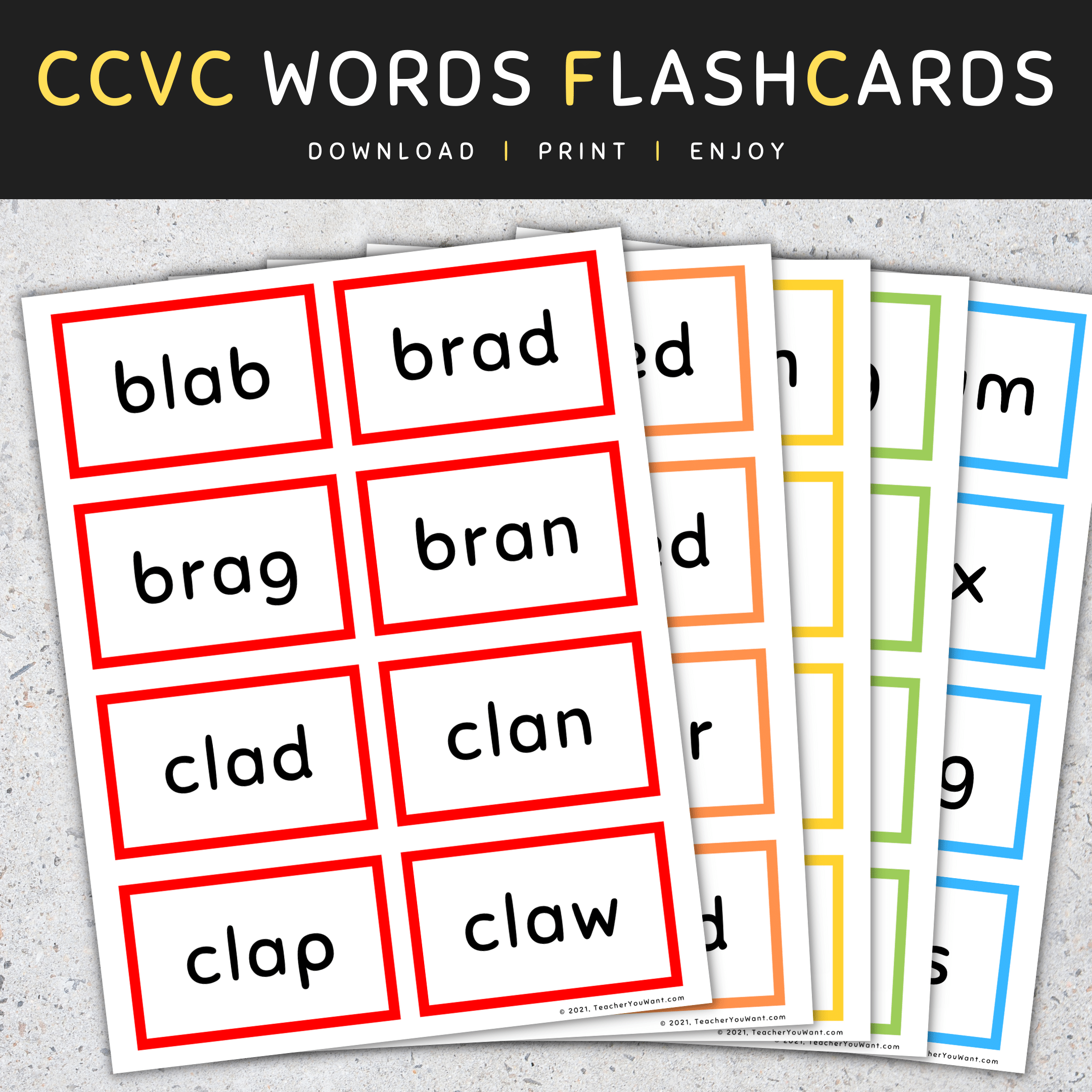 CCCVC Words Tracing Flashcards Short Vowels A E I O U 