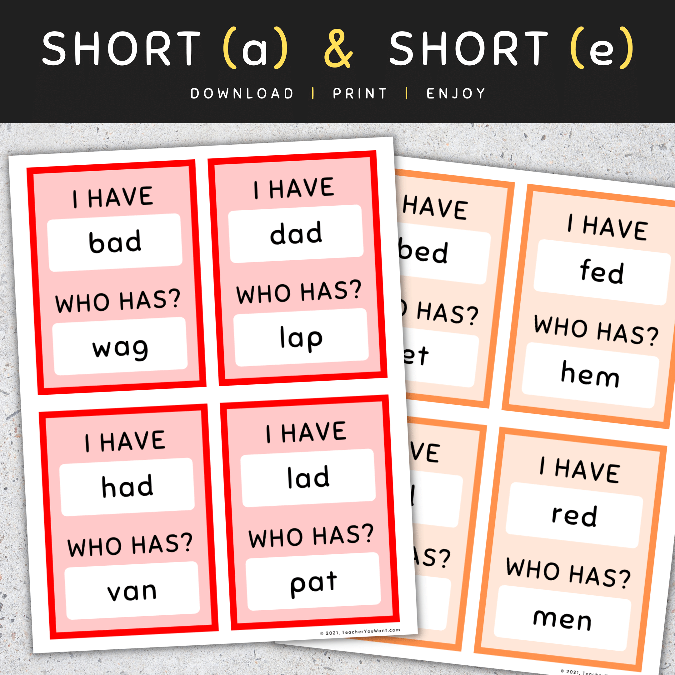 CVC Words Flash Cards: I Have Who Has, Short Vowels (A E I O U), [SET 2 ...