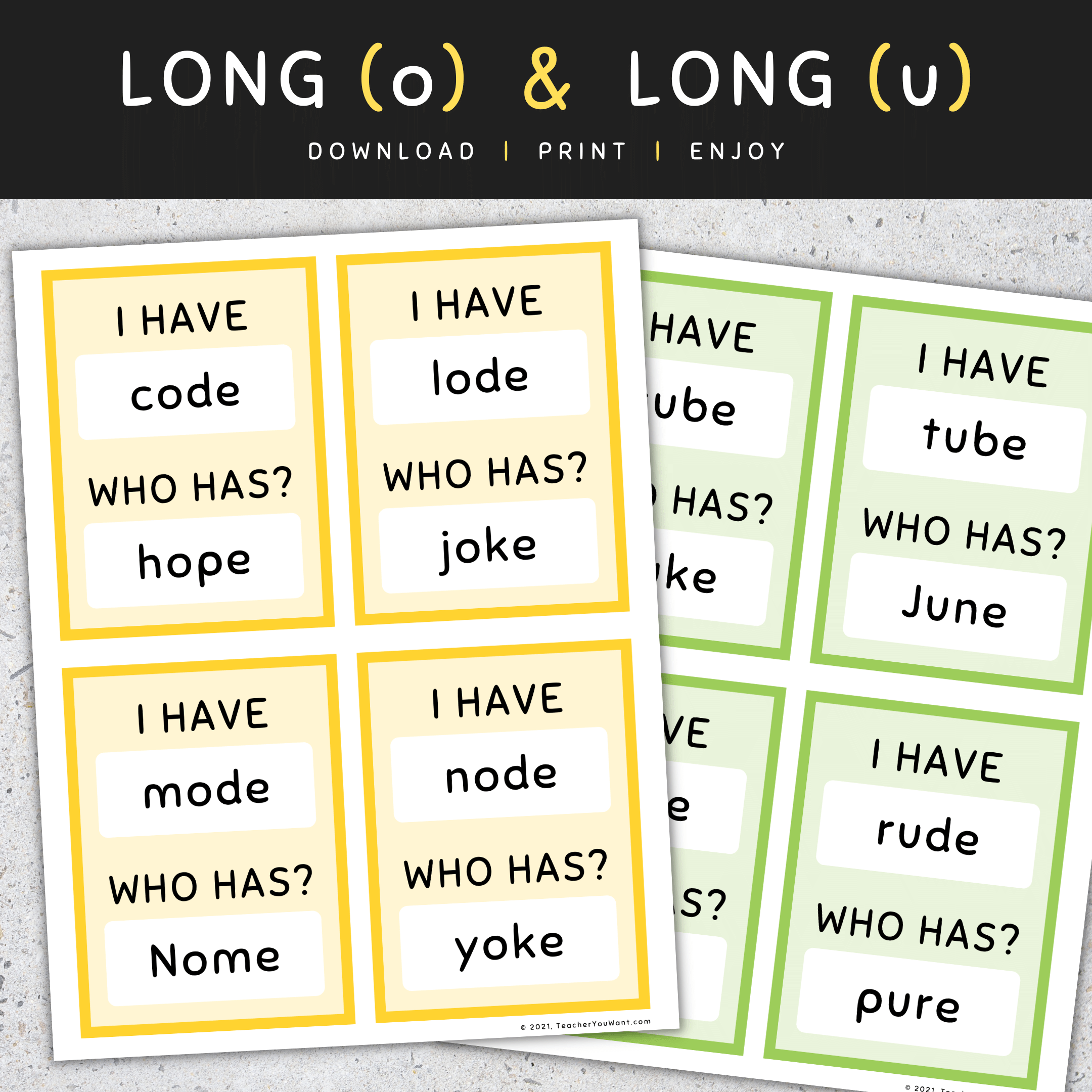 CVCe Words Flash Cards: I Have Who Has, Long Vowels (A I O U), [SET 2 ...