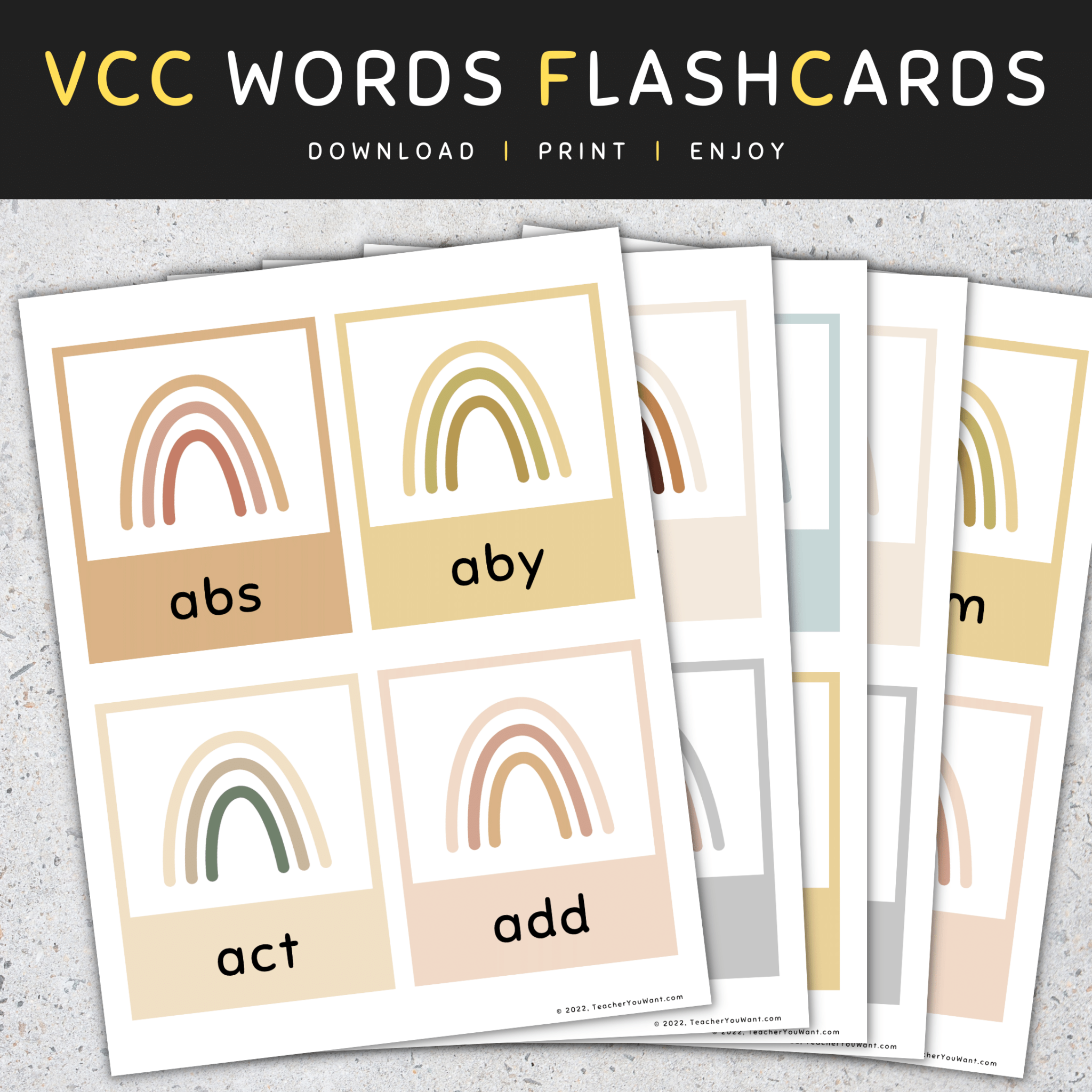 VCC Words Flash Cards: Short Vowels (A E I O U), Boho Rainbow, [SET 3 ...