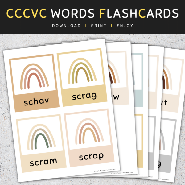 CCCVC Words Flash Cards: Short Vowels (A E I O U), Boho Rainbow, [SET 3 ...