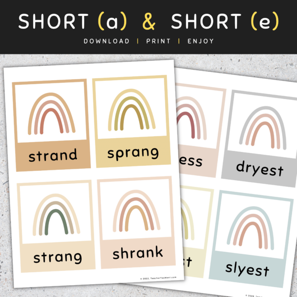 CCCVCC Words Flash Cards: Short Vowels (A E I O U), Boho Rainbow, [SET ...