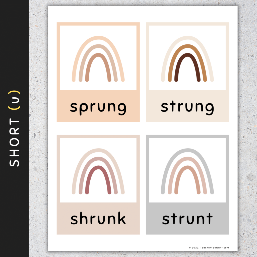 CCCVCC Words Flash Cards: Short Vowels (A E I O U), Boho Rainbow, [SET ...