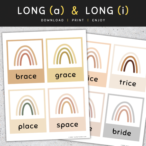 CCVCe Words Flash Cards: Long Vowels (A I O U), Boho Rainbow, [SET 3 ...