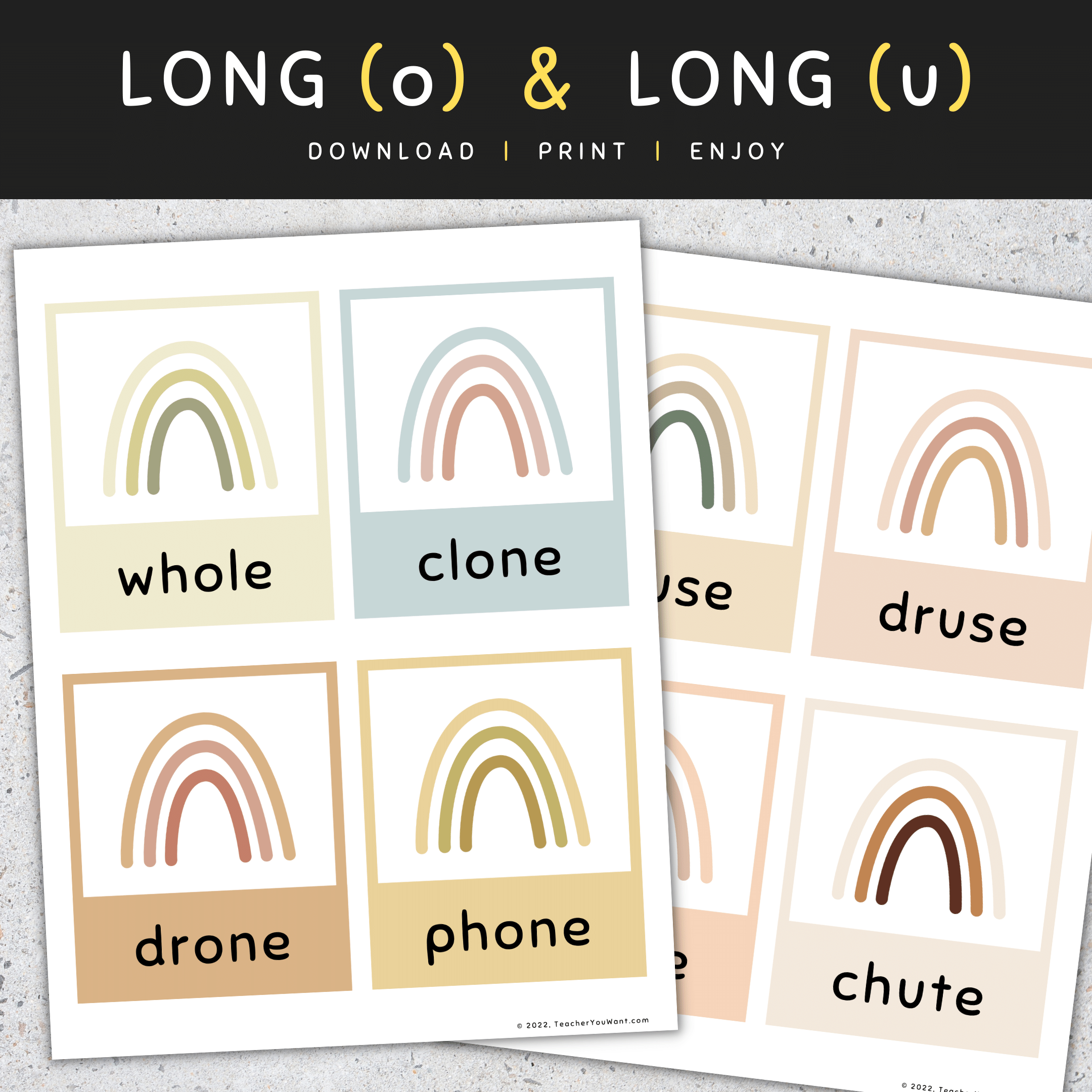 CCVCe Words Flash Cards: Long Vowels (A I O U), Boho Rainbow, [SET 3 ...