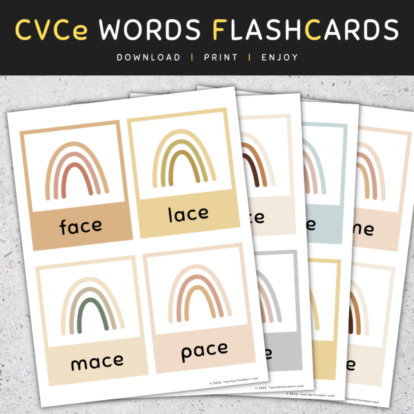 CVCe Words Flash Cards: Long Vowels (A I O U), Boho Rainbow, [SET 3 ...