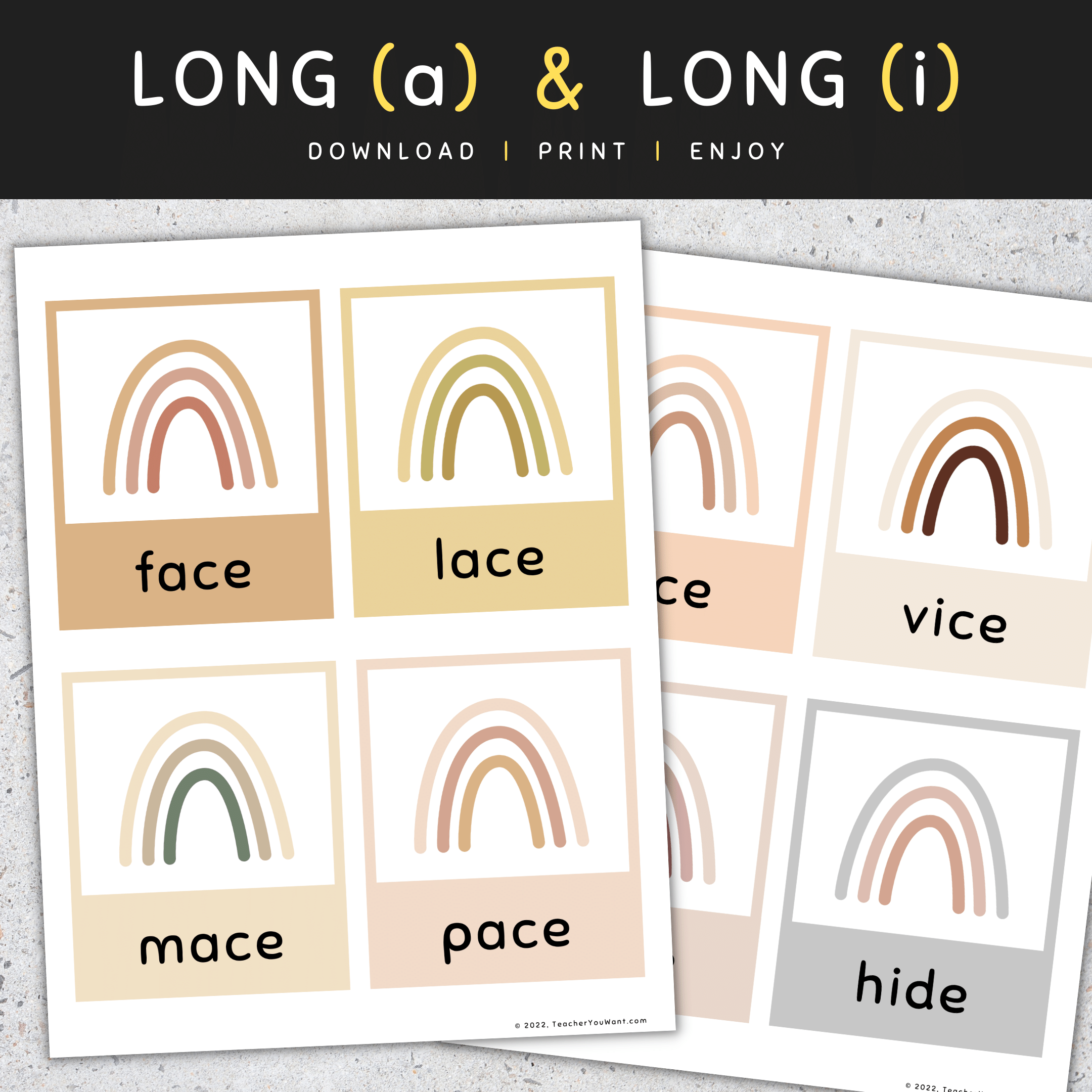 CVCe Words Flash Cards: Long Vowels (A I O U), Boho Rainbow, [SET 3 ...