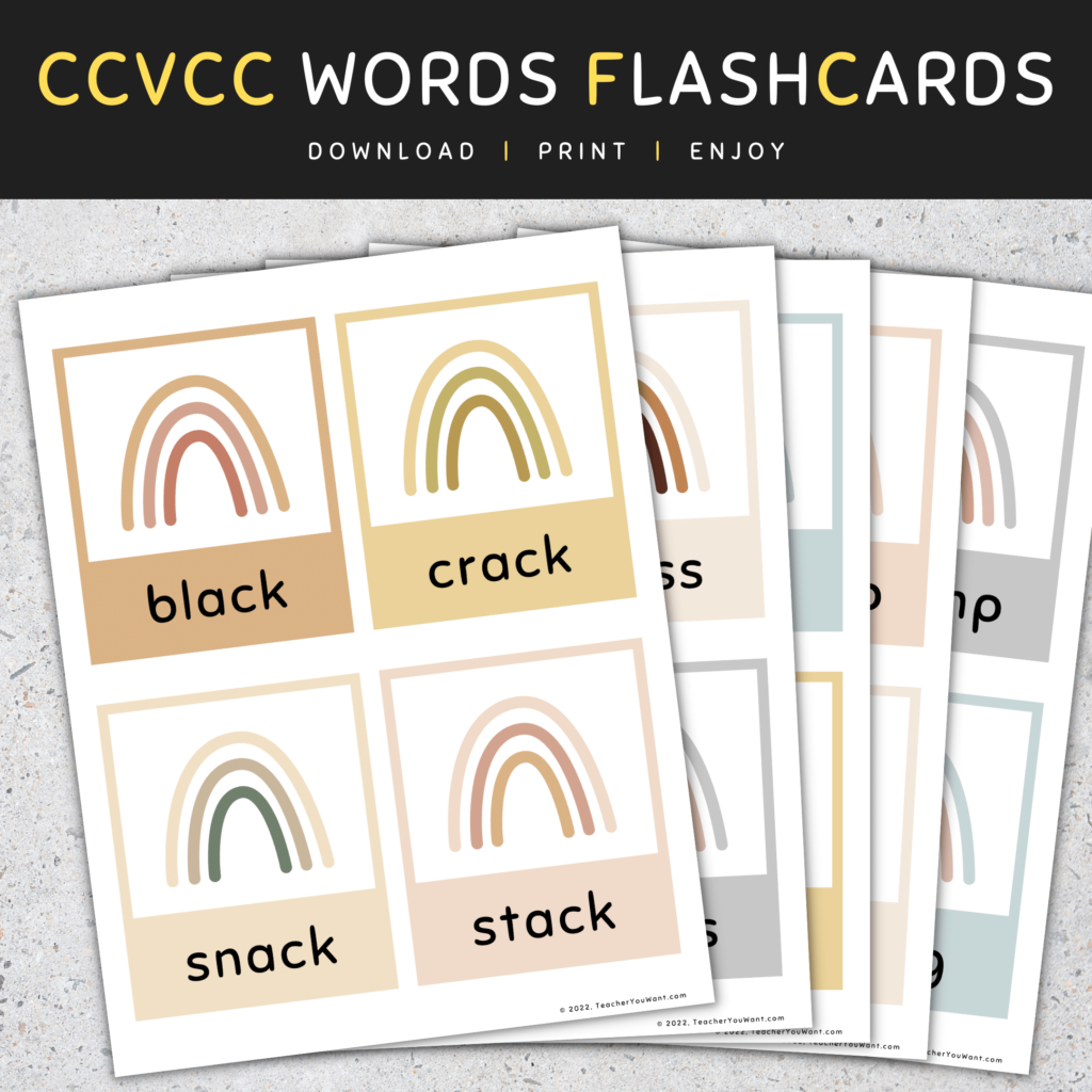 CCVCC Words Flash Cards: Short Vowels (A E I O U), Boho Rainbow, [SET 3 ...