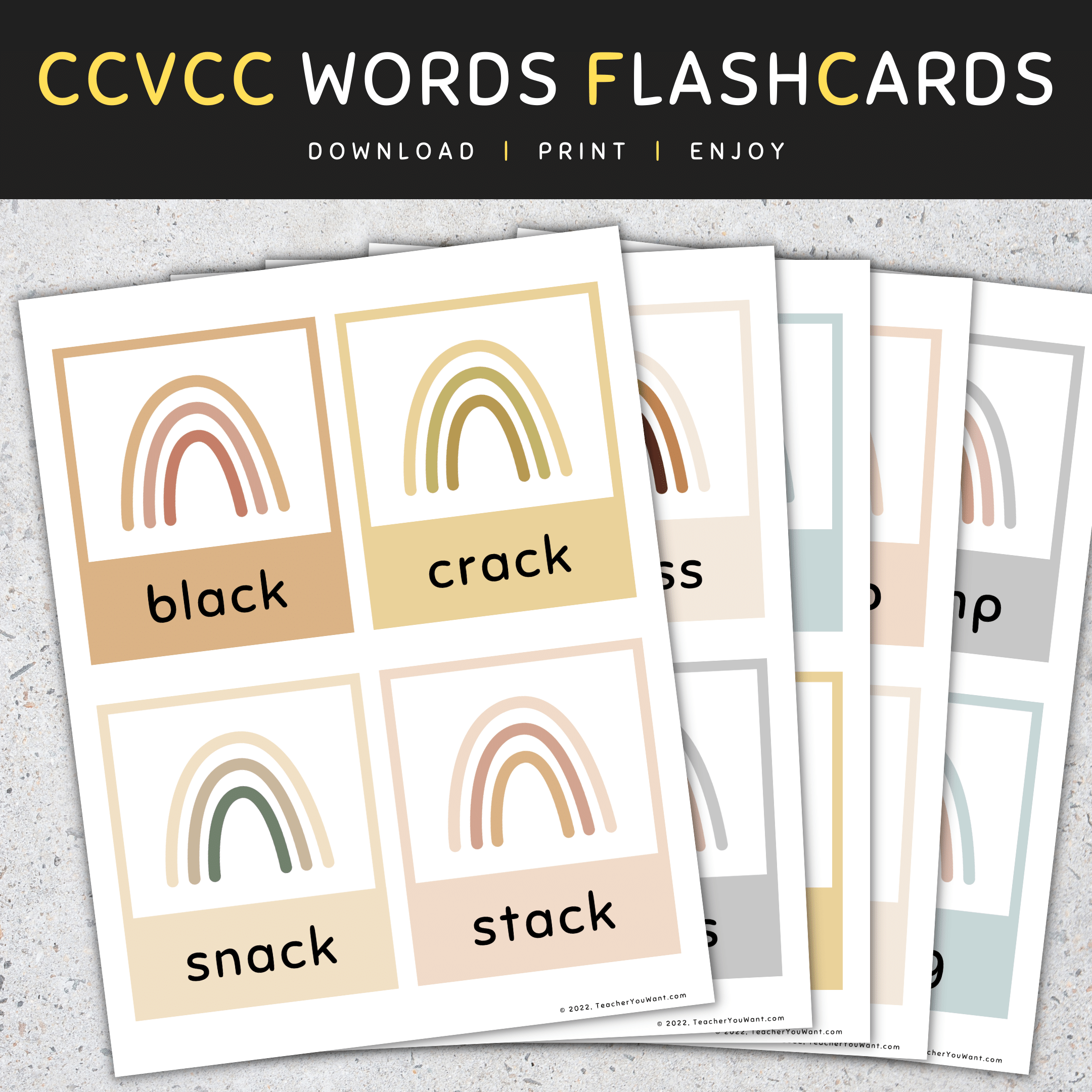 CCVCC Words Flash Cards: Short Vowels (A E I O U), Boho Rainbow, [SET 3 ...