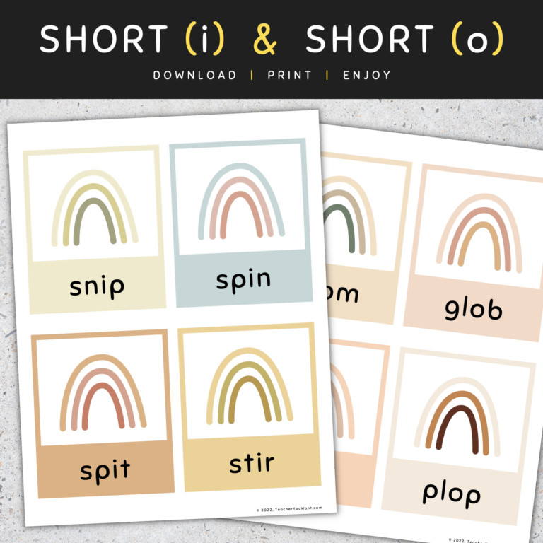 CCVC Words Flash Cards: Short Vowels (A E I O U), Boho Rainbow, [SET 3 ...