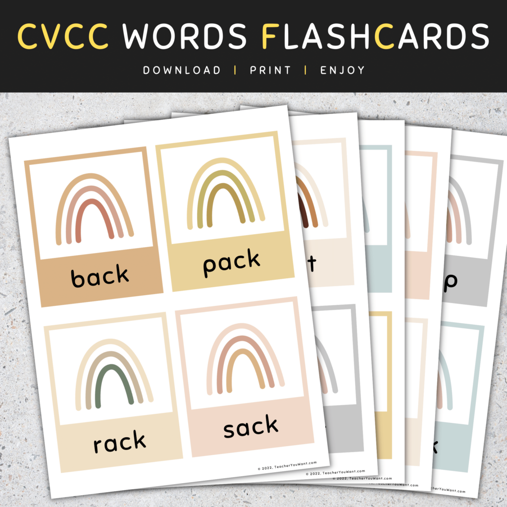 CVCC Words Flash Cards: Short Vowels (A E I O U), Boho Rainbow, [SET 3 ...