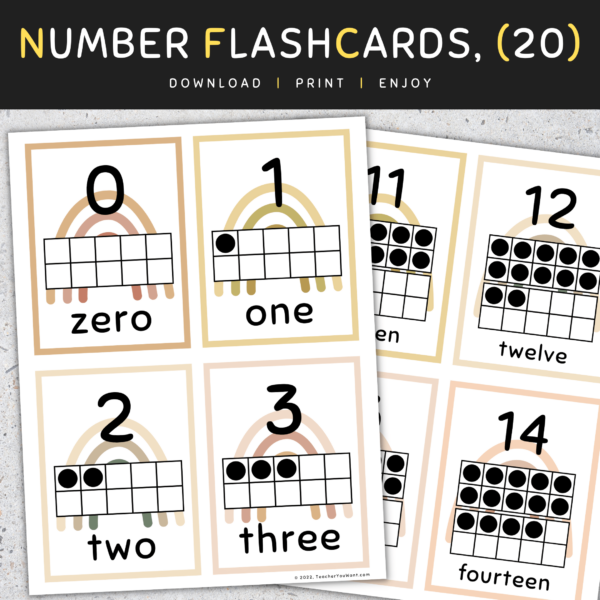 Number Flash Cards 0-20: Number Posters with Ten Frames, Boho Rainbow ...