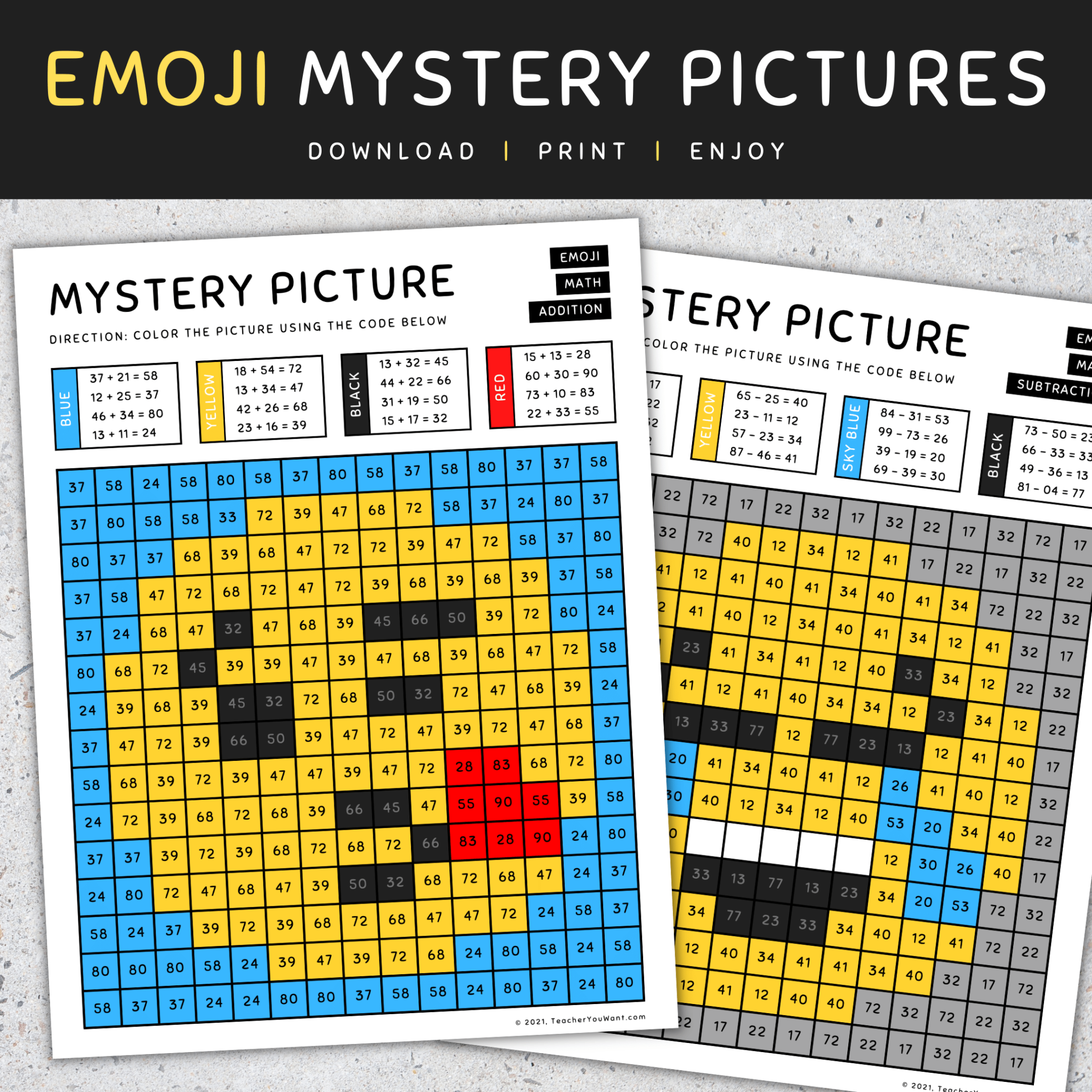 Emoji Mystery Picture: Color By Number, Addition and Subtraction | Made ...