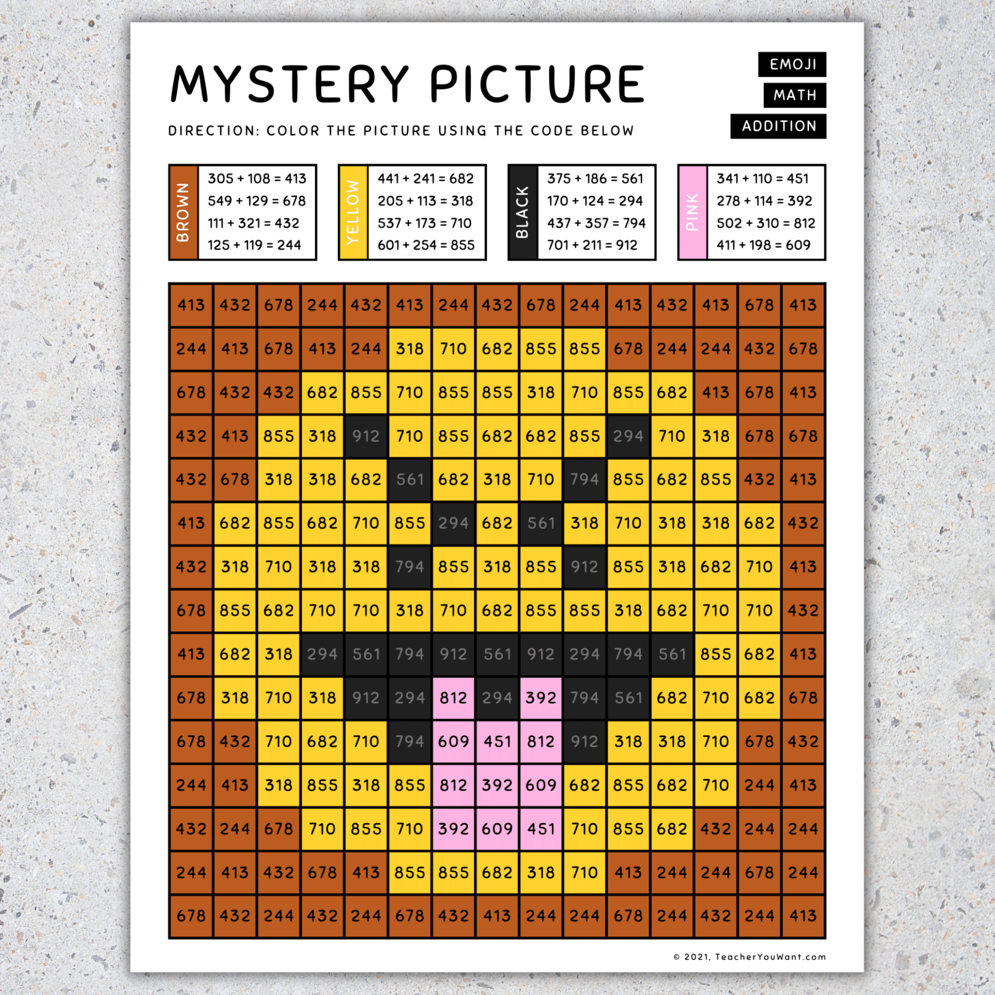 Emoji Mystery Picture: Color By Number, Addition and Subtraction - Made ...