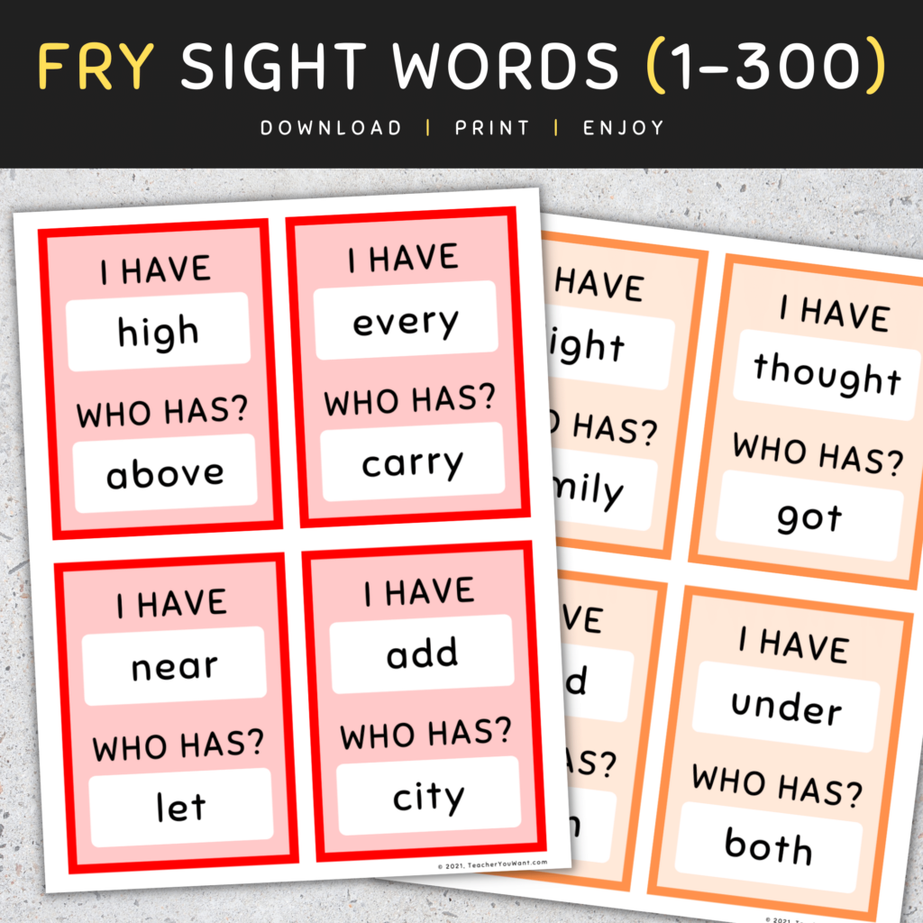 Fry Sight Words Flash Cards: I Have Who Has Sight Words Flashcards, 1 ...
