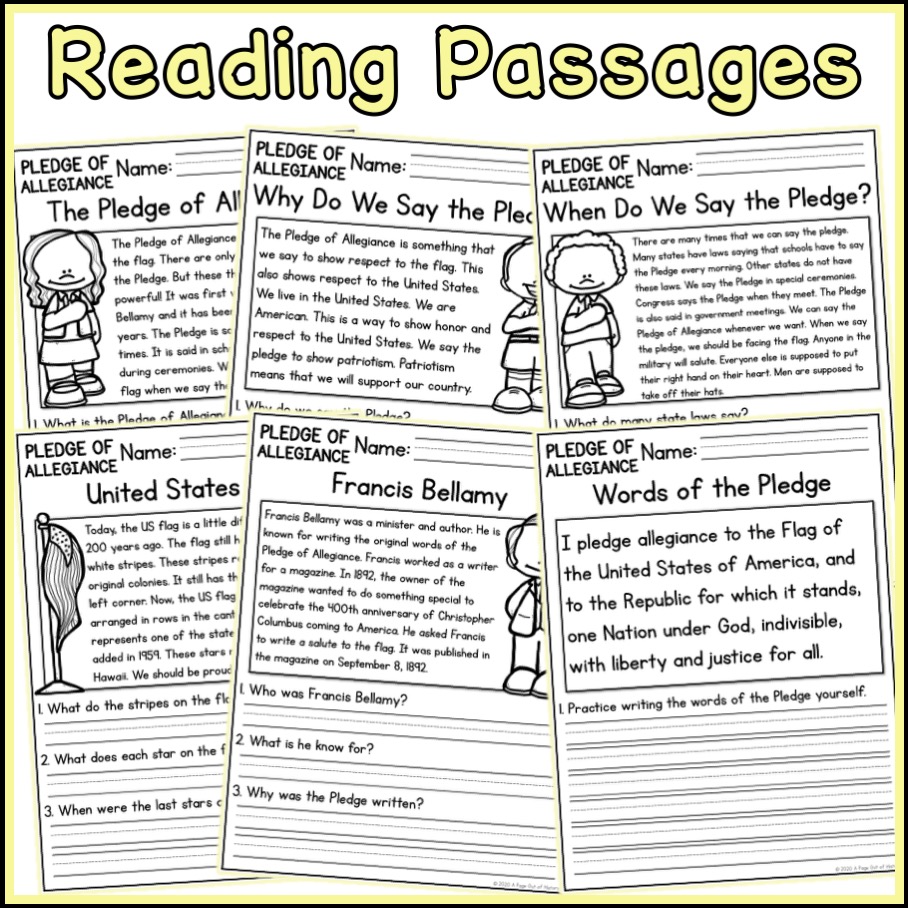 Pledge of Allegiance Social Studies Reading Comprehension Passages K-2 ...