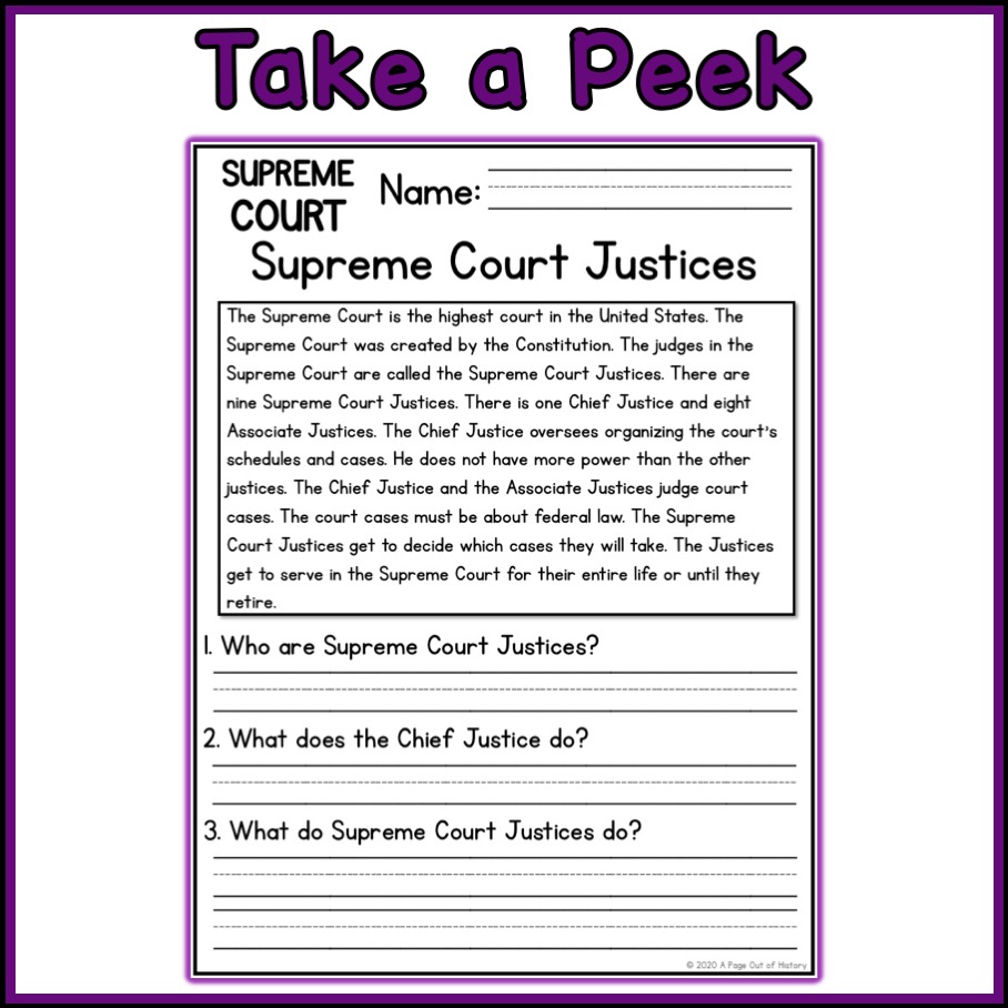 Supreme Court Social Studies Reading Comprehension Passages K-2 | Made ...