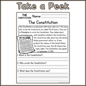 US Constitution Social Studies Reading Comprehension Passages K-2 ...