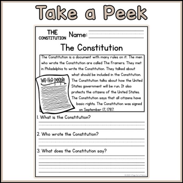 US Constitution Social Studies Reading Comprehension Passages K-2 ...