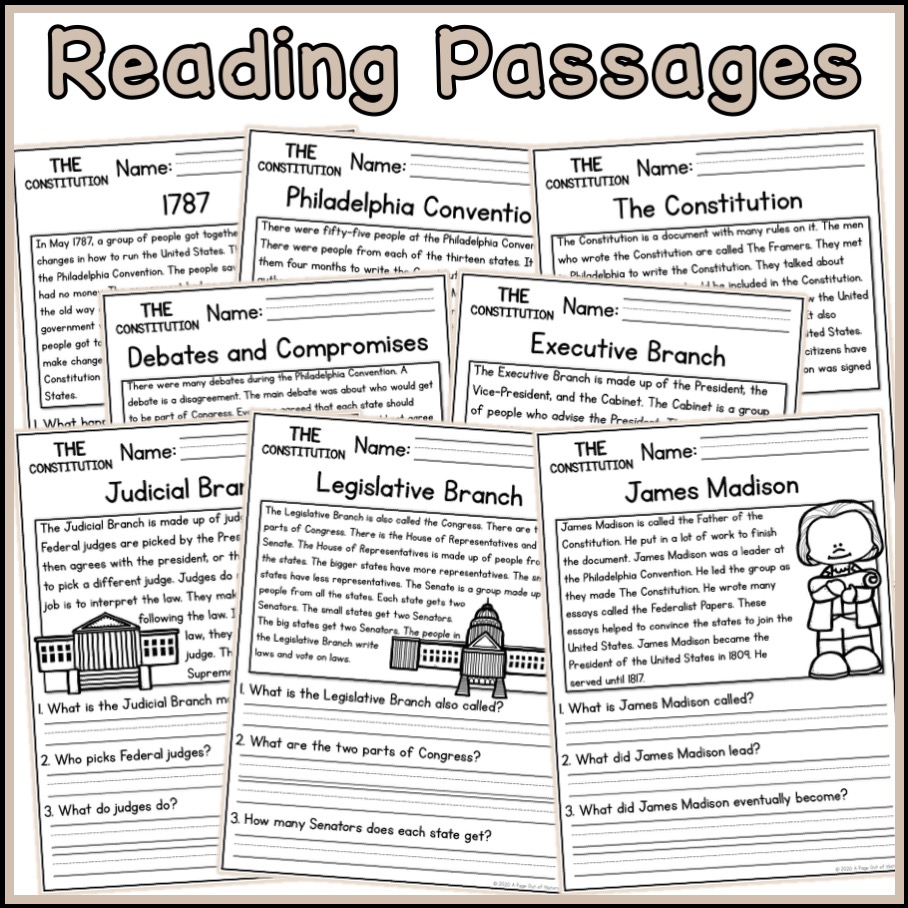 US Constitution Social Studies Reading Comprehension Passages K-2 ...