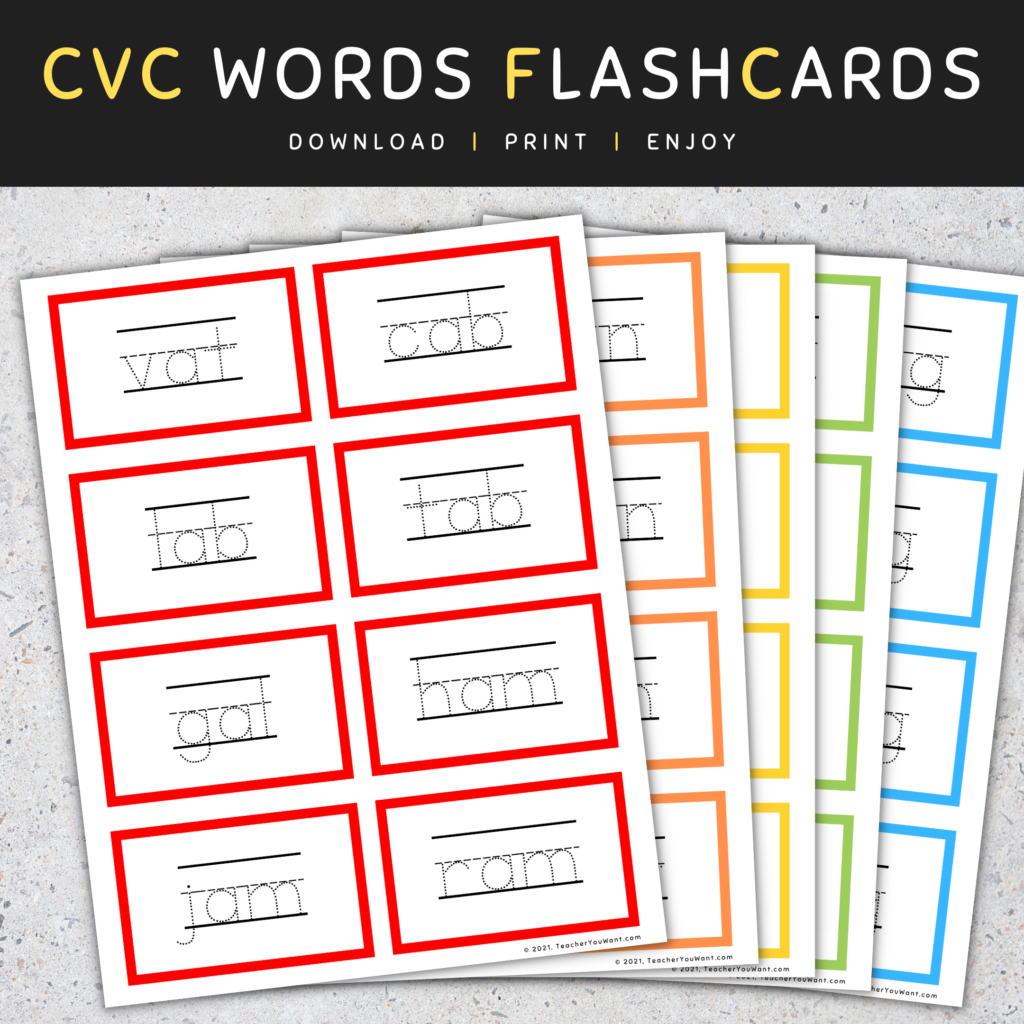 CVC Words Tracing Flashcards: Short Vowels (A E I O U), CVC Words List ...