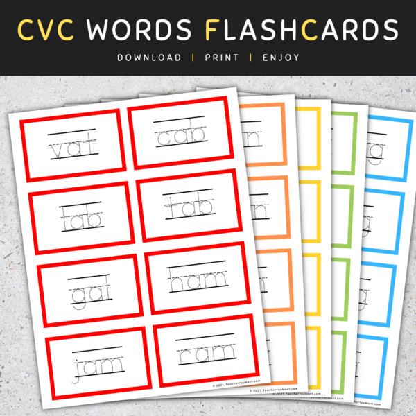 CVC Words Tracing Flashcards: Short Vowels (A E I O U), CVC Words List ...