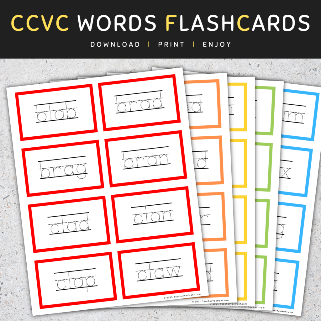 CCCVC Words Tracing Flashcards: Short Vowels (A E I O U), CCCVC Words ...